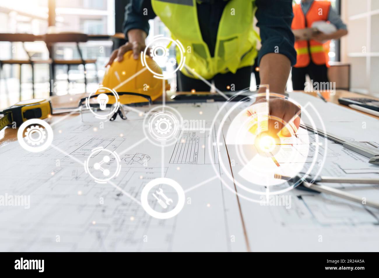 engineer hand drawing plan on blueprint with architect equipment ...
