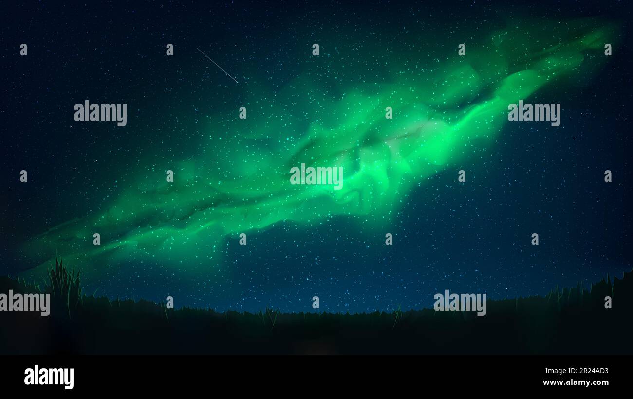 Night starry sky, shining green nebula. Dark blue space background ...
