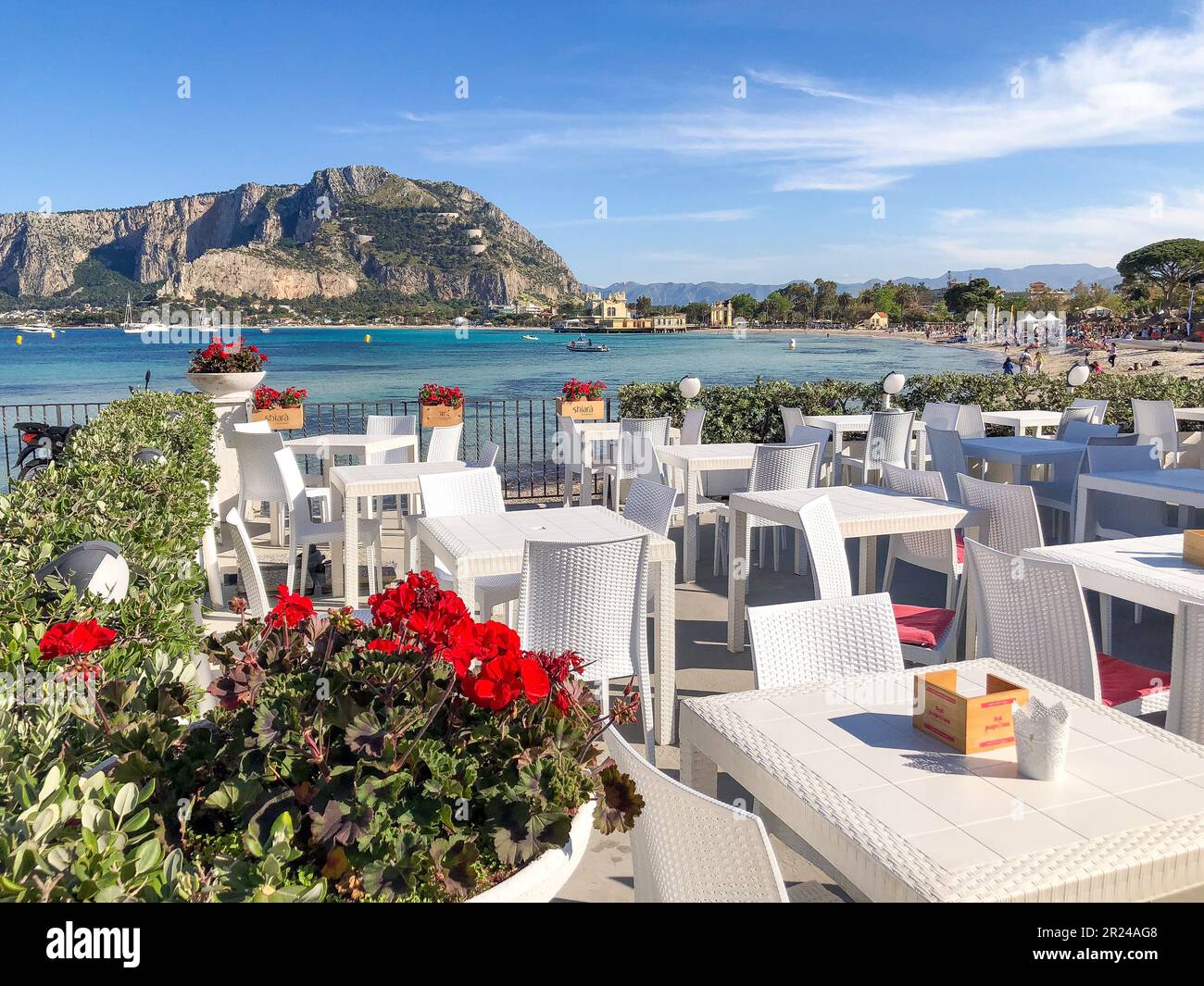 Seaside terrace in summer in Italy, Sicily sea. Italian blue sea seen ...
