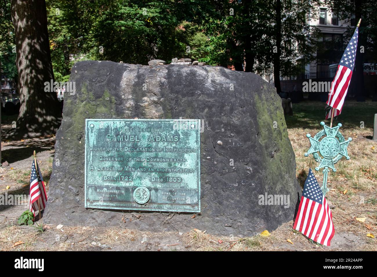 Boston, MA, USA-August 2022; Close up of the grave markers of Samuel ...