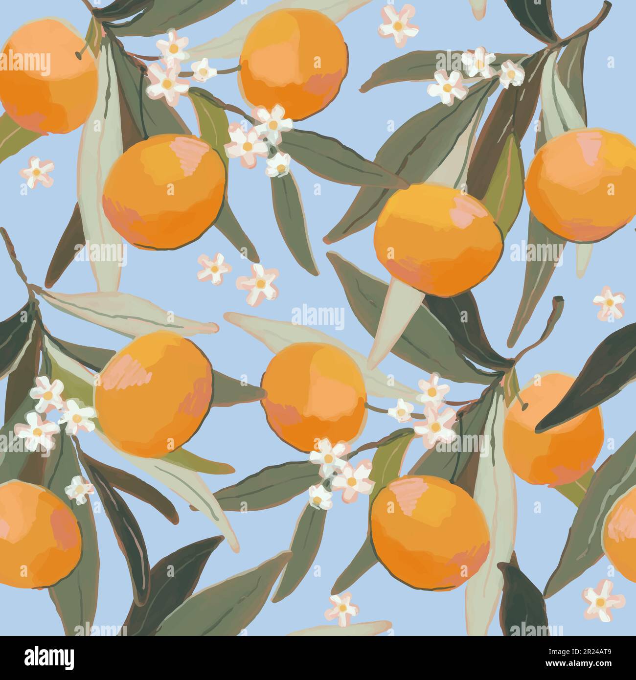 Mandarin floral pattern. Hand drawn tree branches with ripe tangerins ...