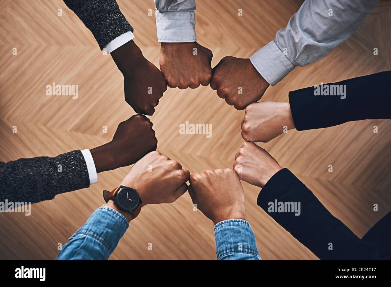 Teamwork, fist bump or hands of business people for motivation, group support or community in ...