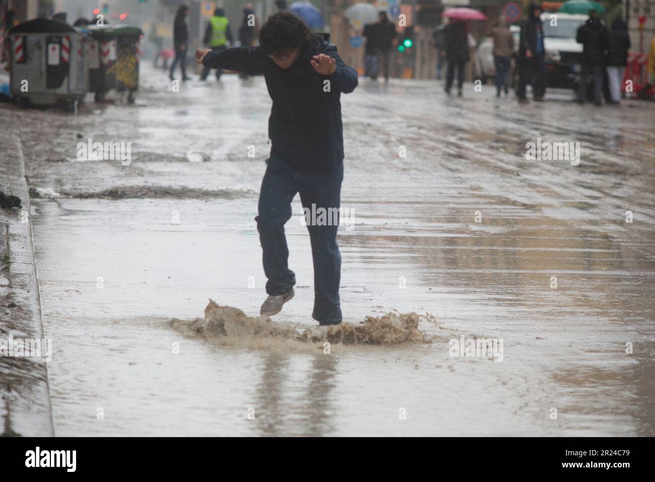 Bologna, Italy. 17th May, 2023. Bad weather: via Saffi is a river of ...