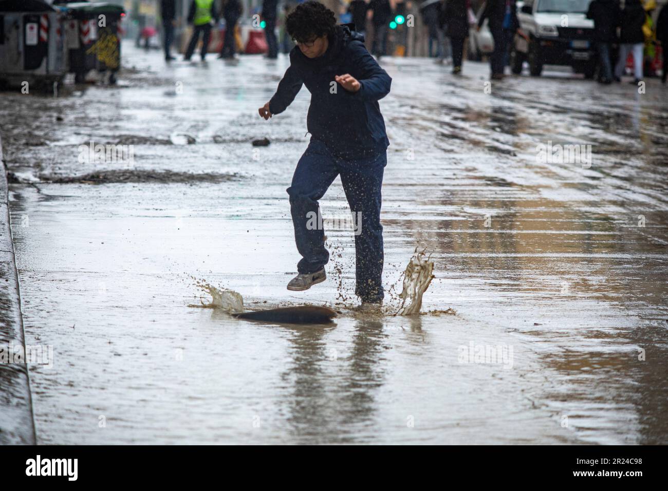 Bologna, Italy. 17th May, 2023. Bad weather: via Saffi is a river of ...