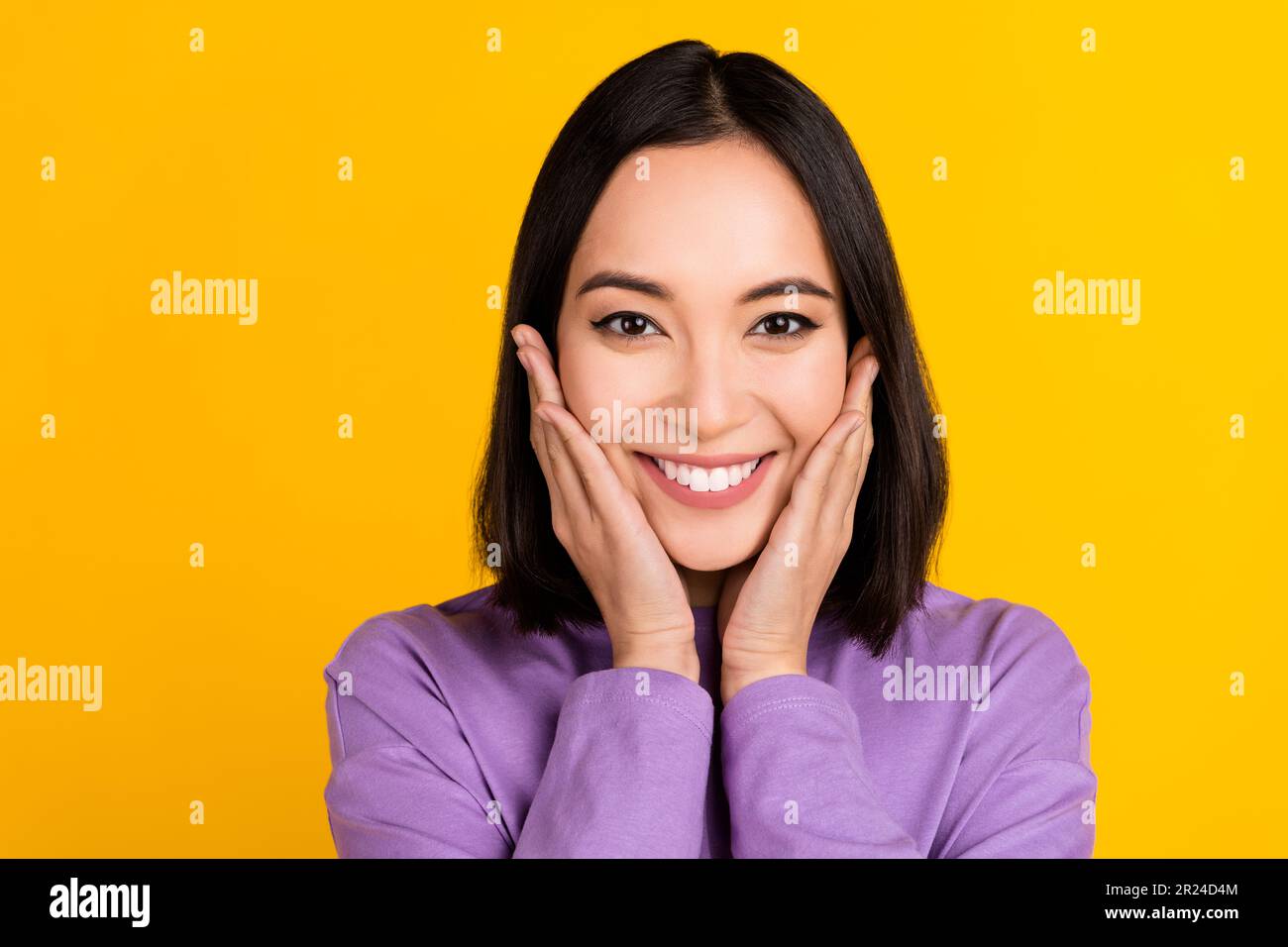Photo of charming adorable woman wear violet shirt smiling arms ...