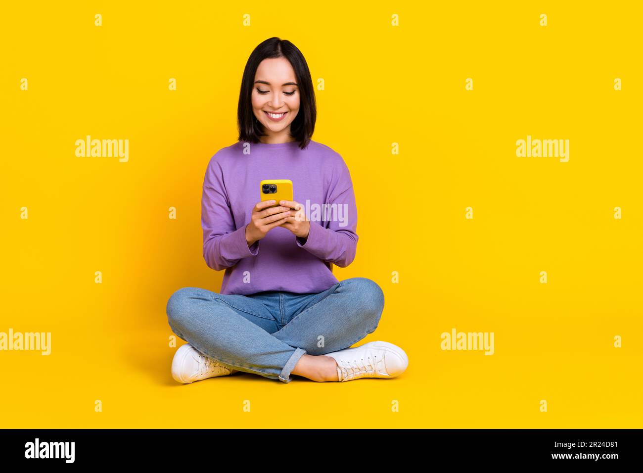 Photo of sweet shiny woman wear violet shirt chatting twitter telegram ...