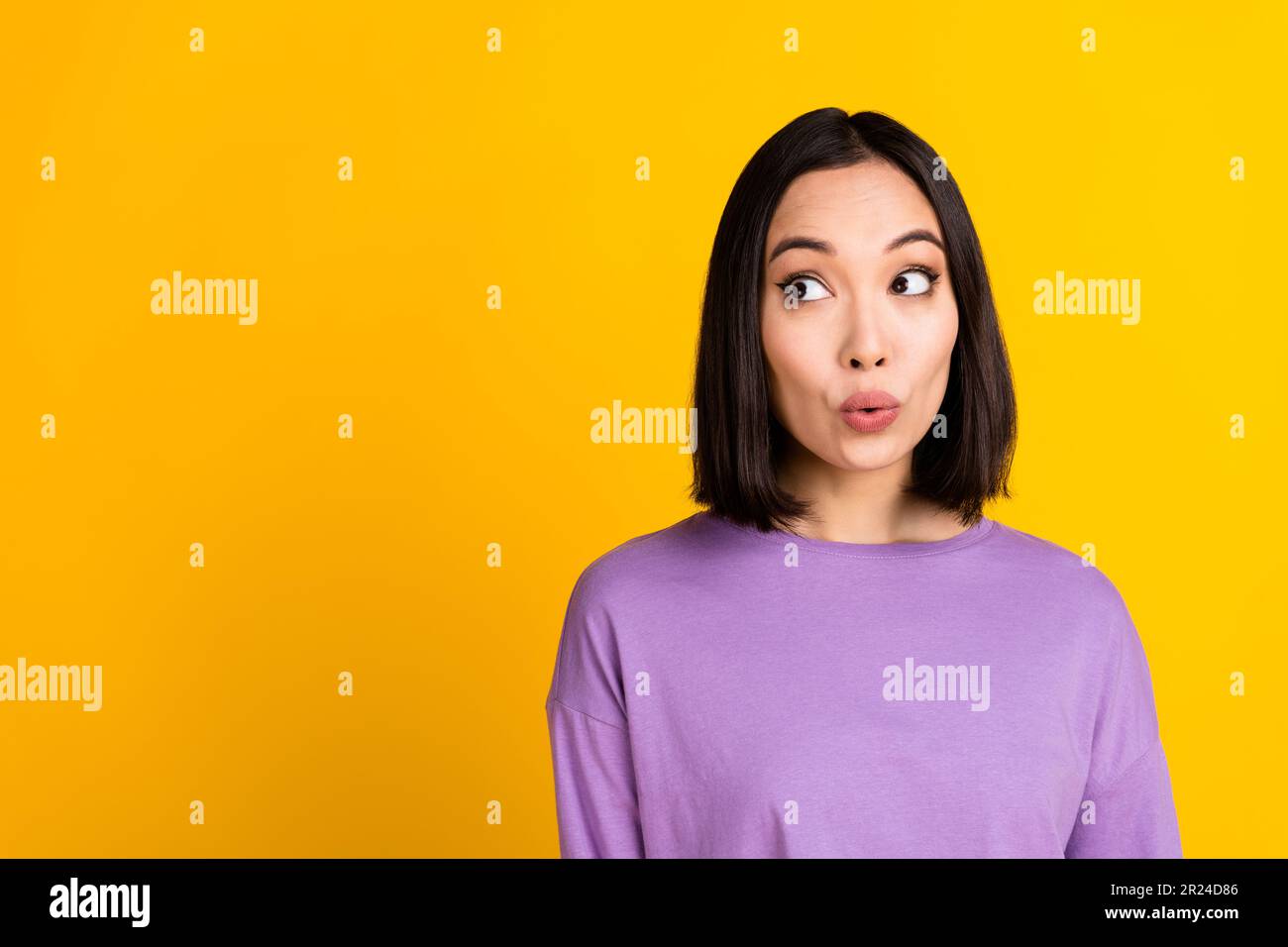 Portrait of japanese young woman black hair look empty space pouty lips ...