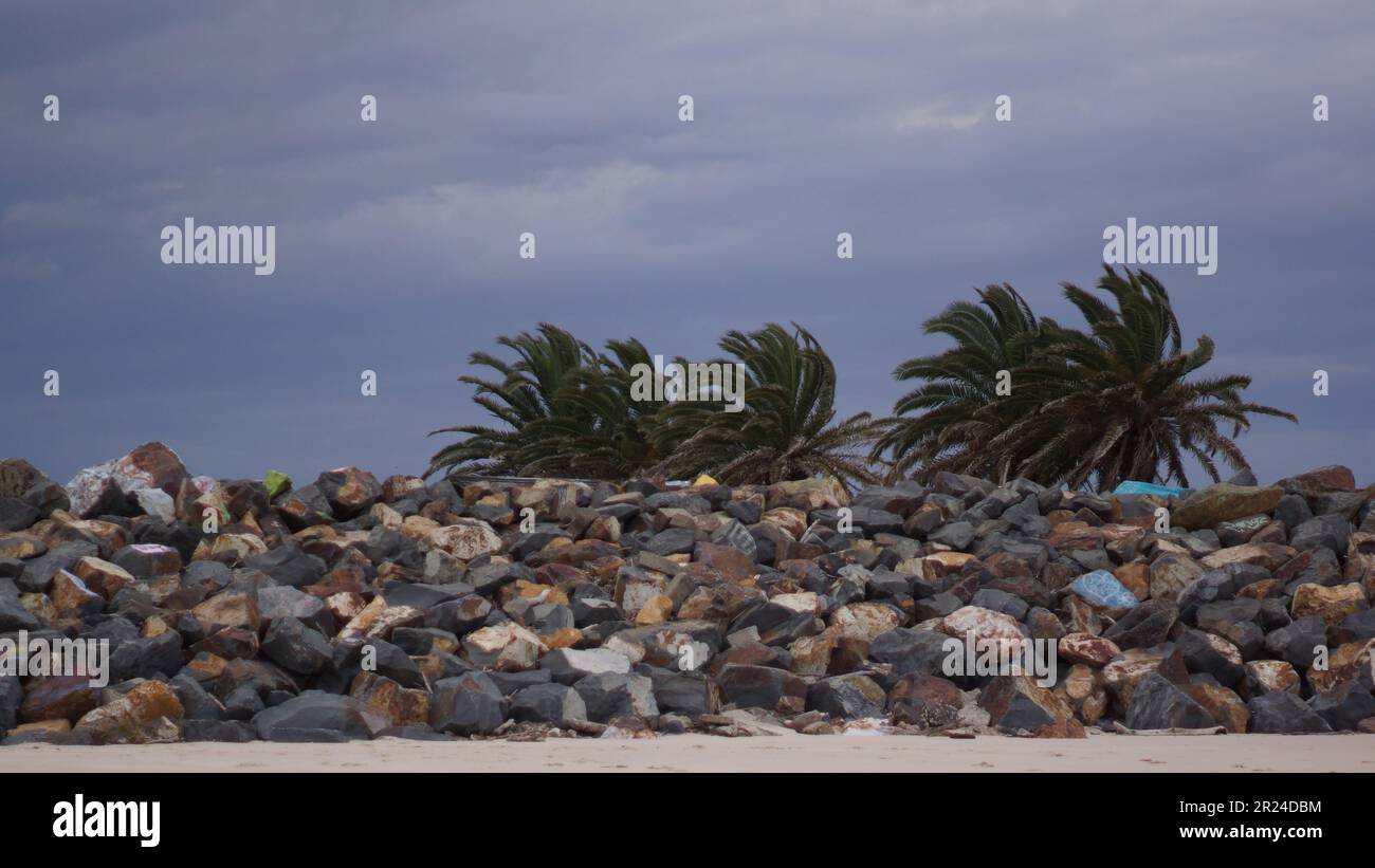 windy day at the beach near a holiday resort, grey sky, stoned wall to ...