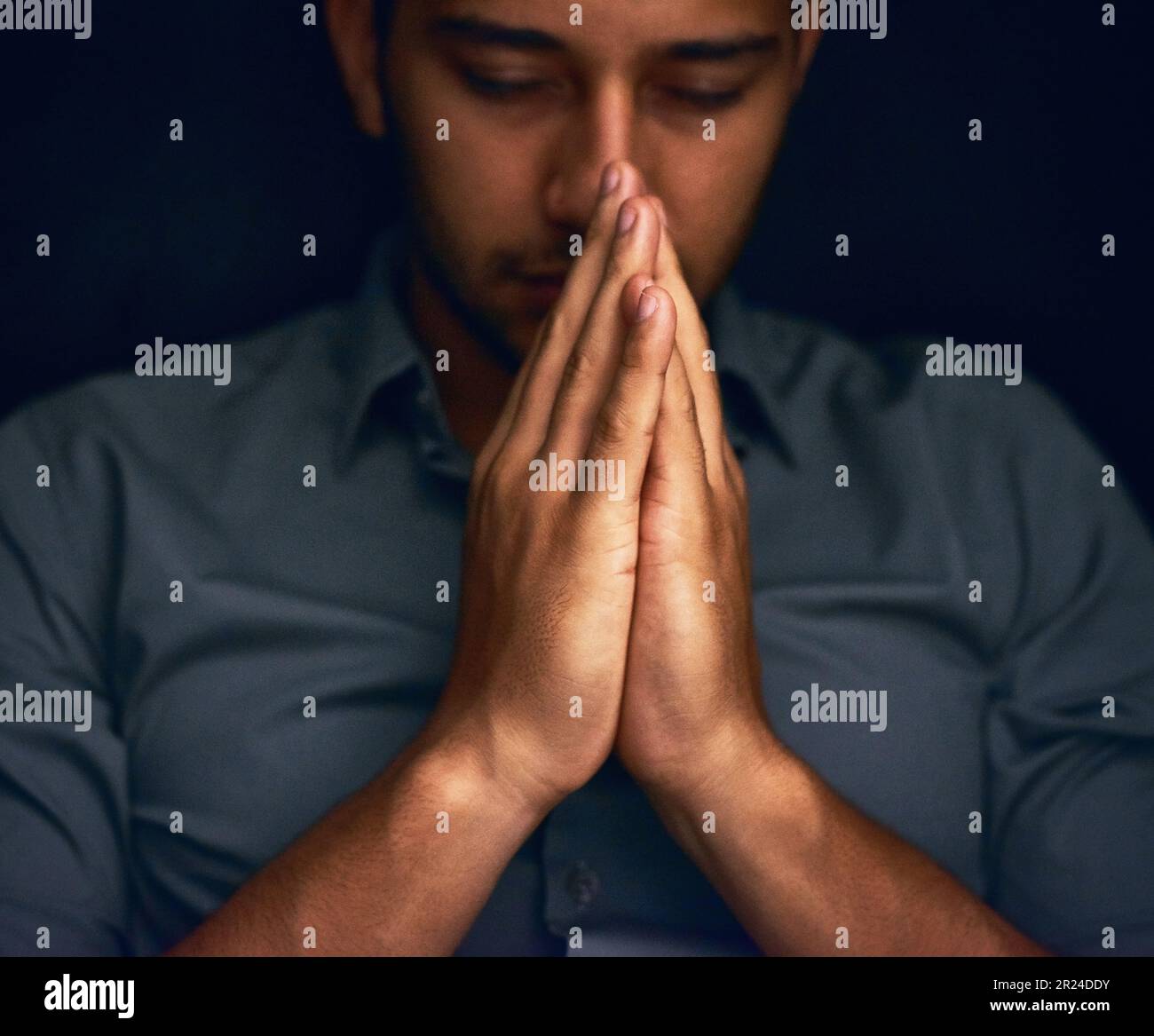 God, worship and man with hands praying for hope, guidance or spiritual ...