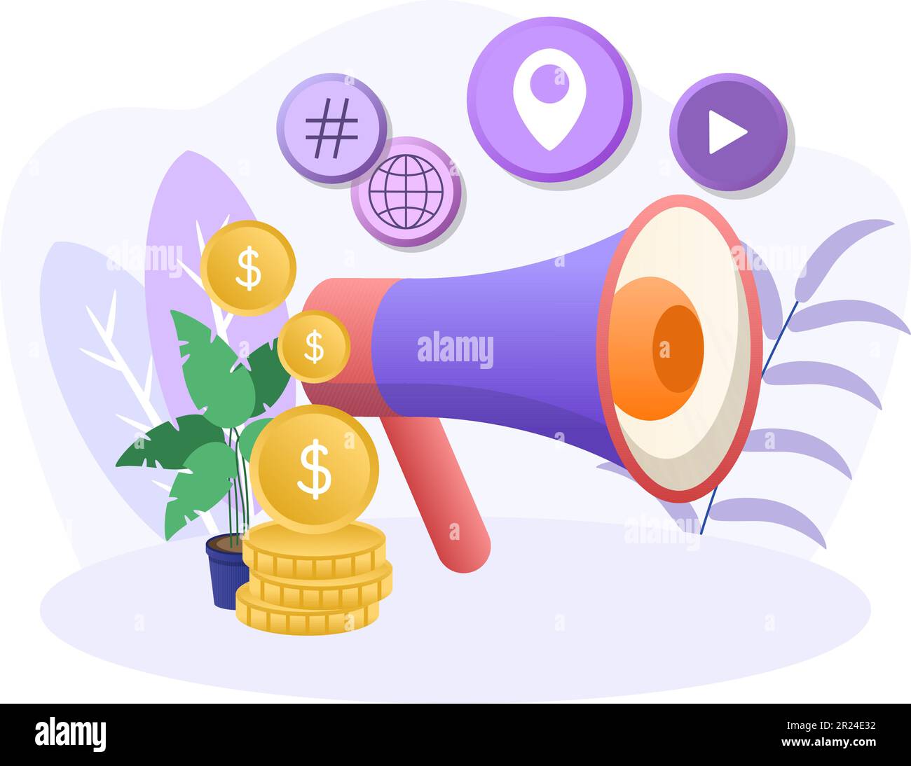Advertising submission illustration. Loudspeaker, coin, geo location ...