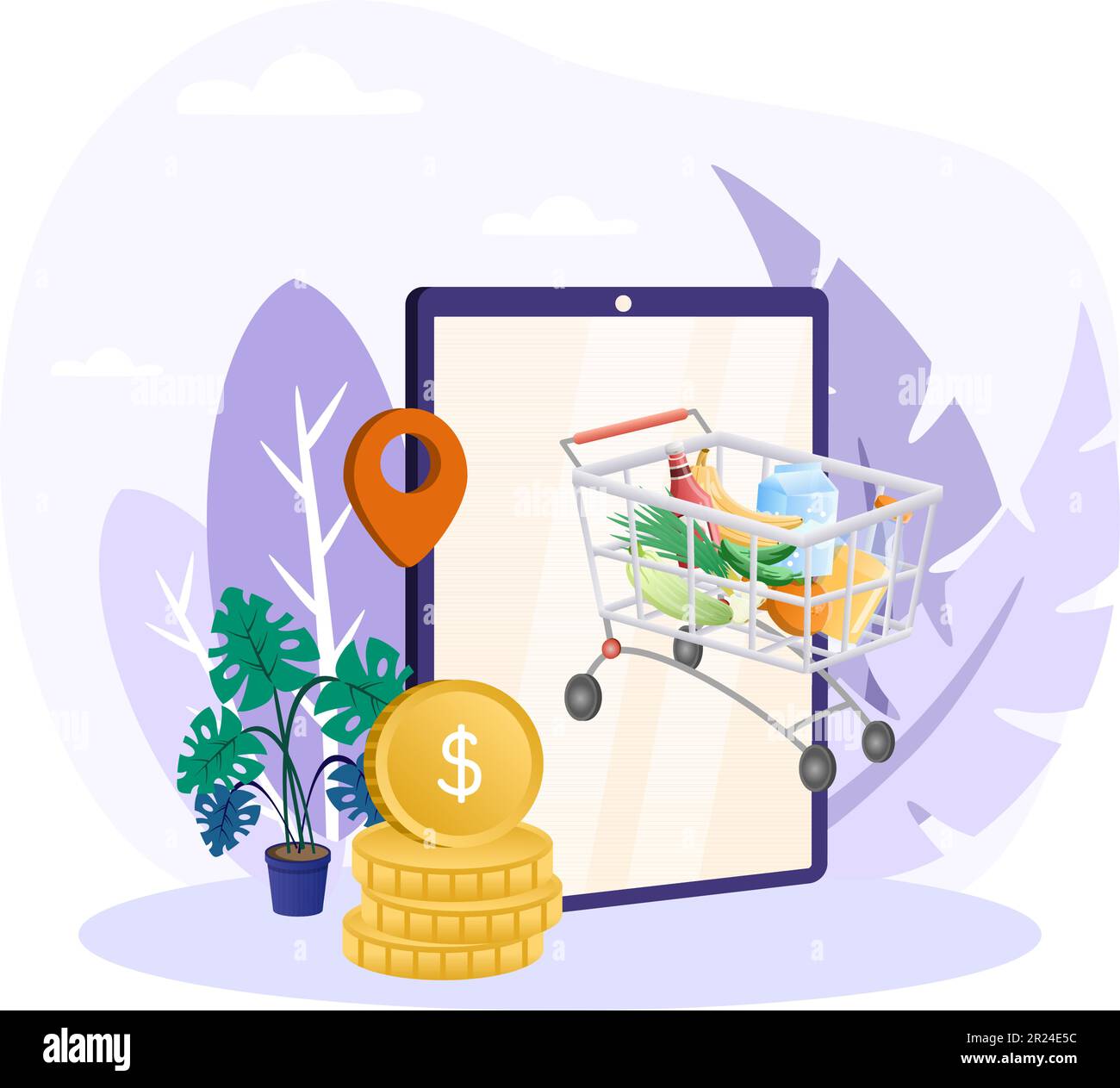 E-commerce illustration. Coin, cart, product, screen, plant. Editable ...