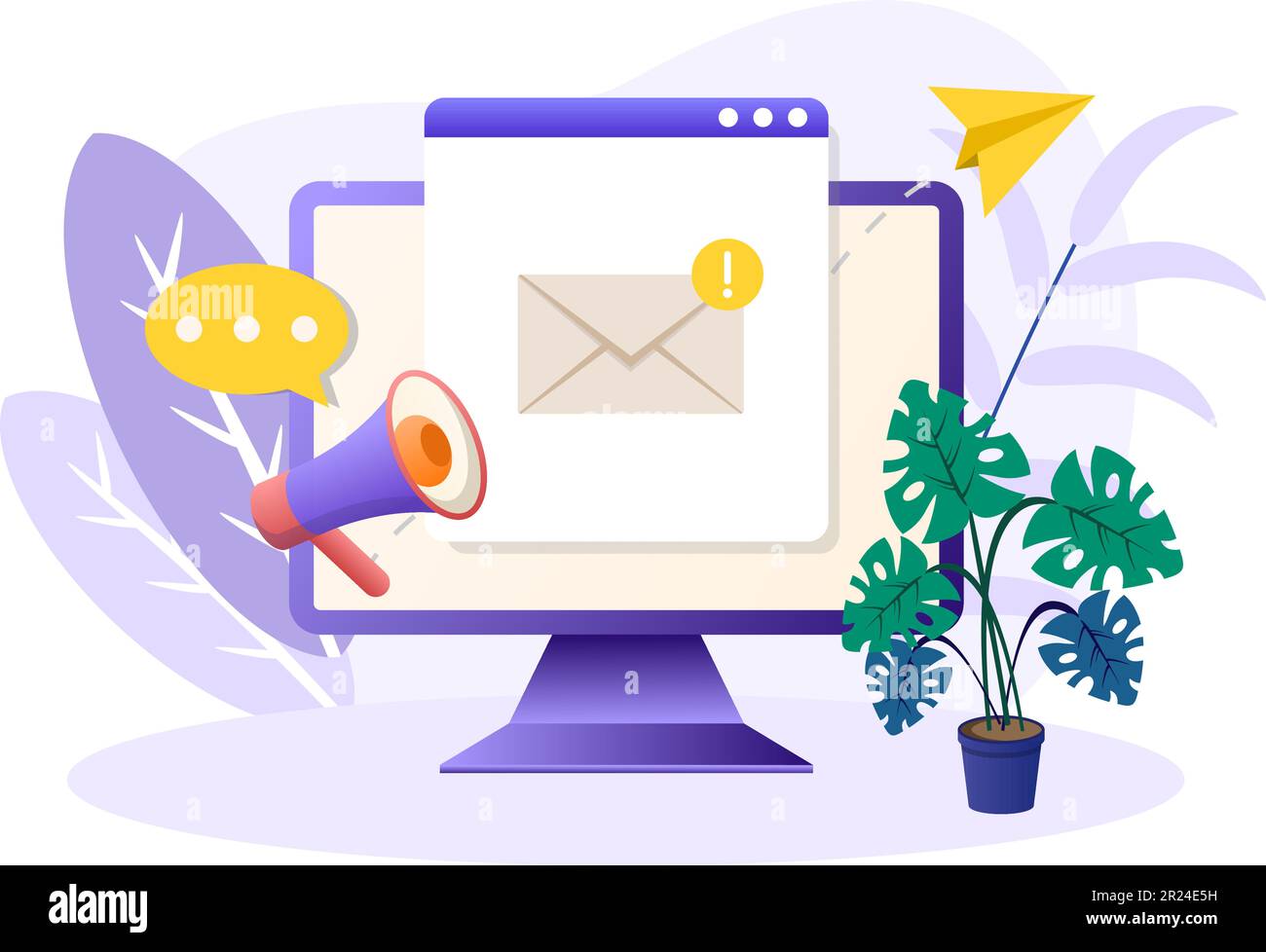 E-mail marketing illustration. Monitor, loudspeaker, envelope, plant ...