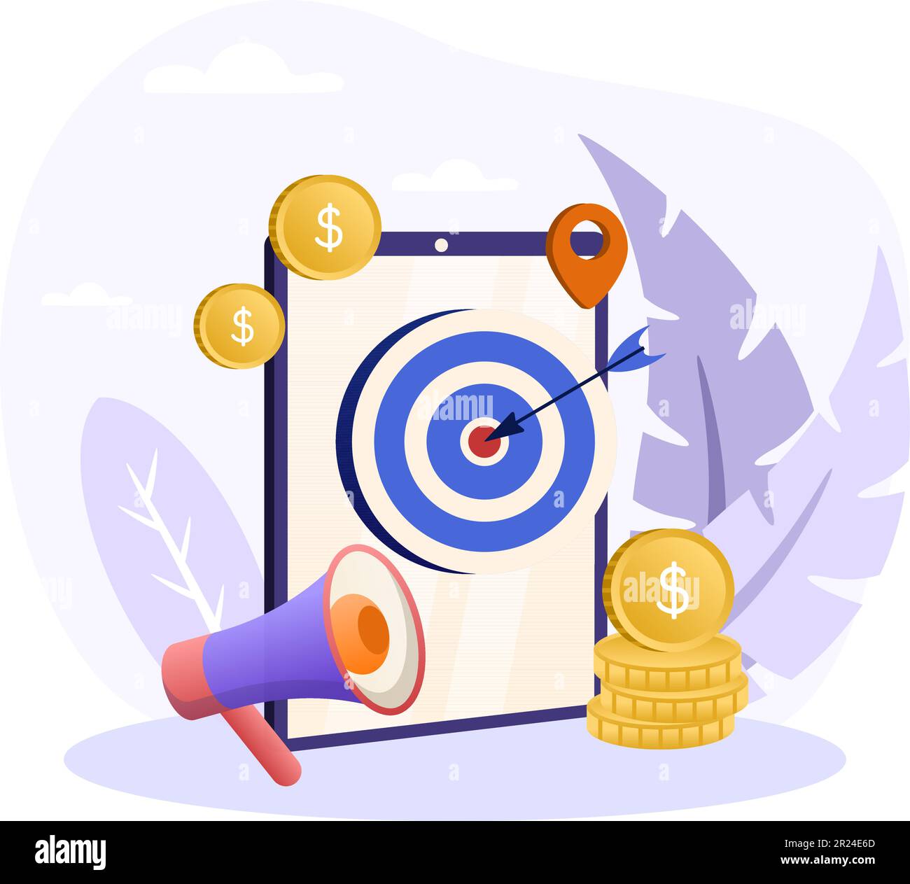 Direct marketing illustration. Loudspeaker, coin, aim, arrow, screen ...