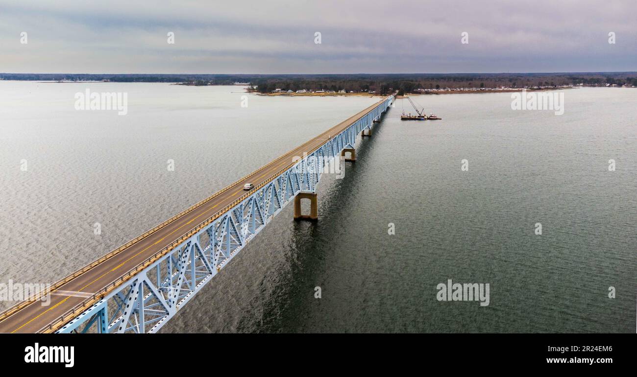 An aerial shot of the Robert O Norris bridge spanning the Rappahannock ...