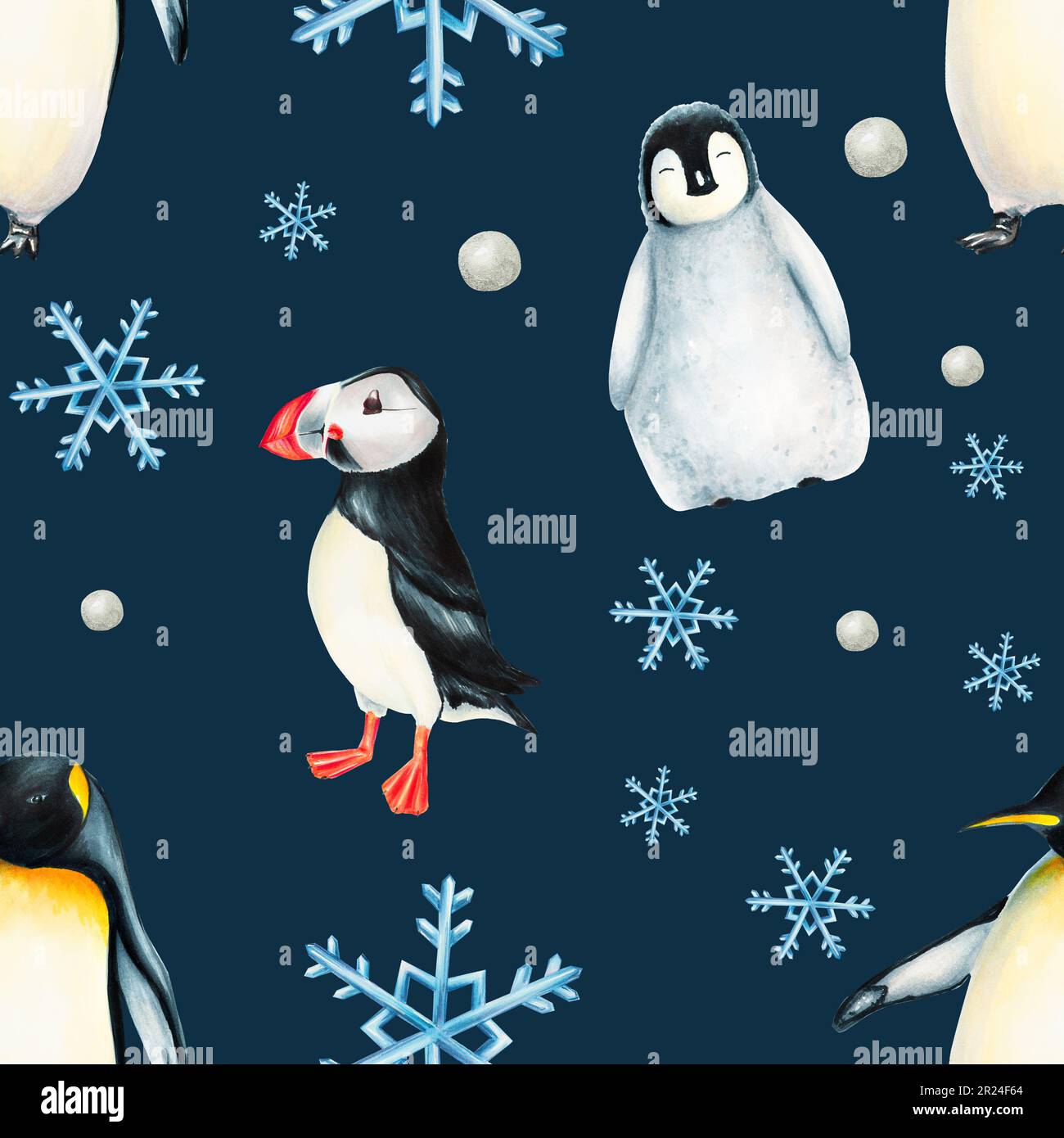 Watercolor winter seamless pattern with king penguins under snowflakes ...