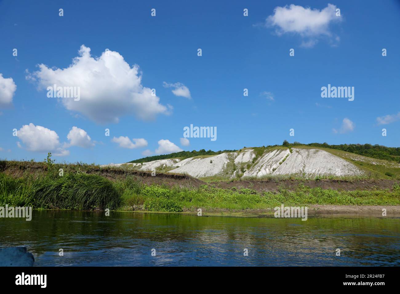 Ancient multimillion chalk mountains on the steppe surface of earth ...