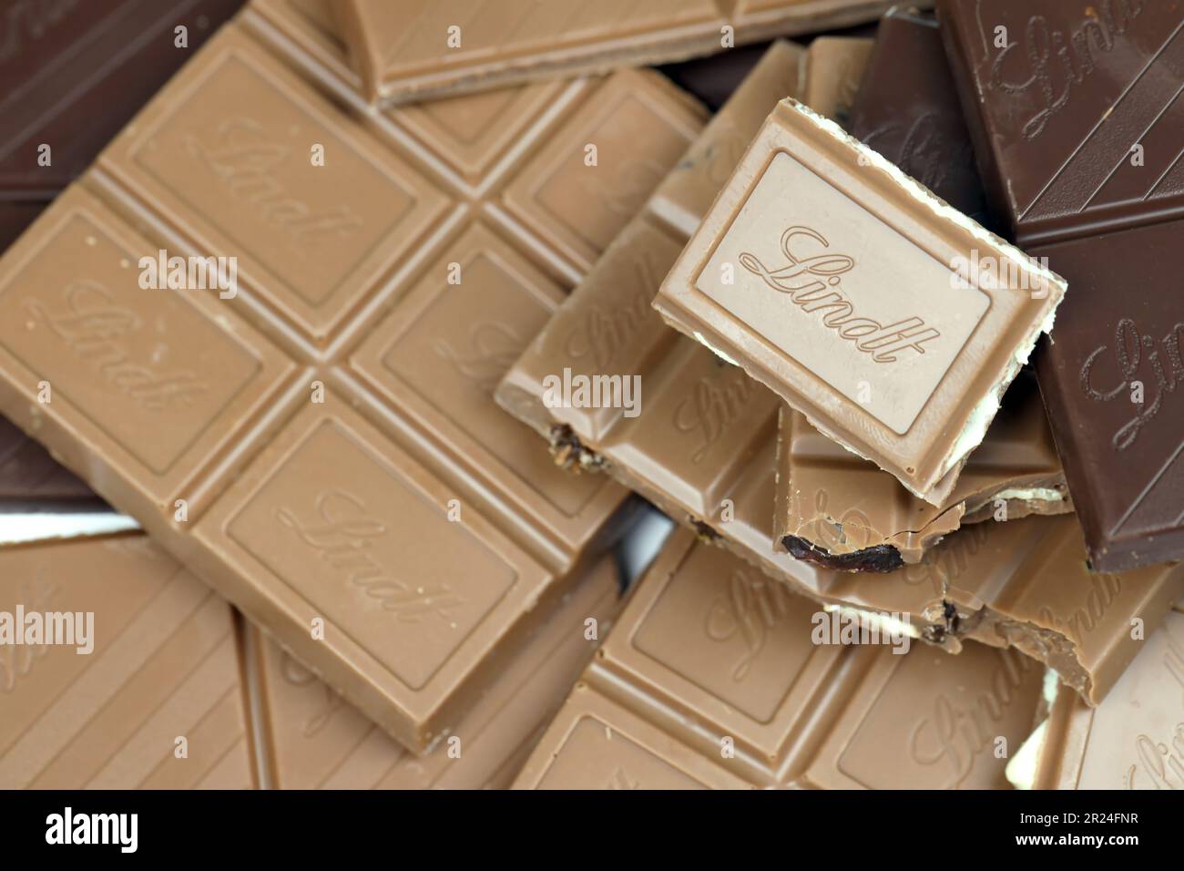 KYIV, UKRAINE - MAY 4, 2022 Lindt Swiss luxury brand chocolate brown ...