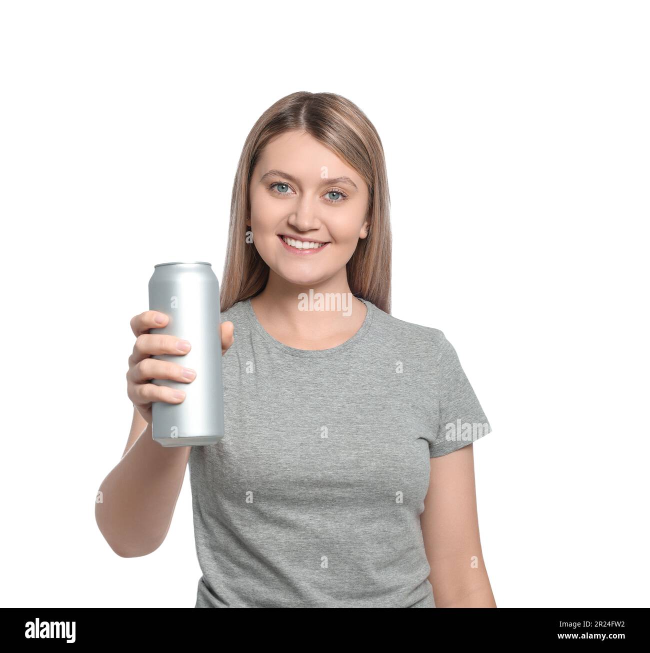 Beautiful happy woman holding beverage can on white background Stock ...