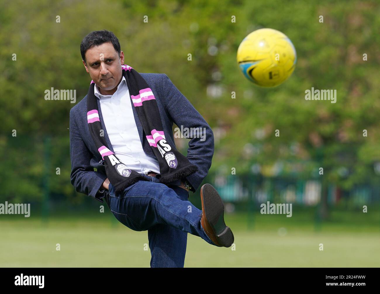Scottish Labour leader Anas Sarwar kicks a football during a vist to ...