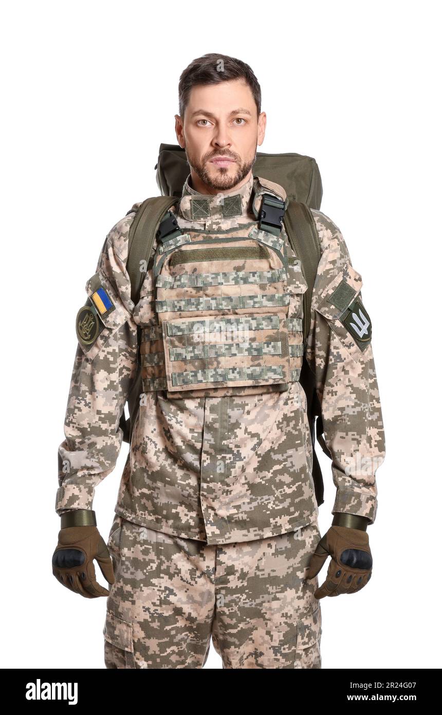Ukrainian soldier in military uniform with army bag on white background ...