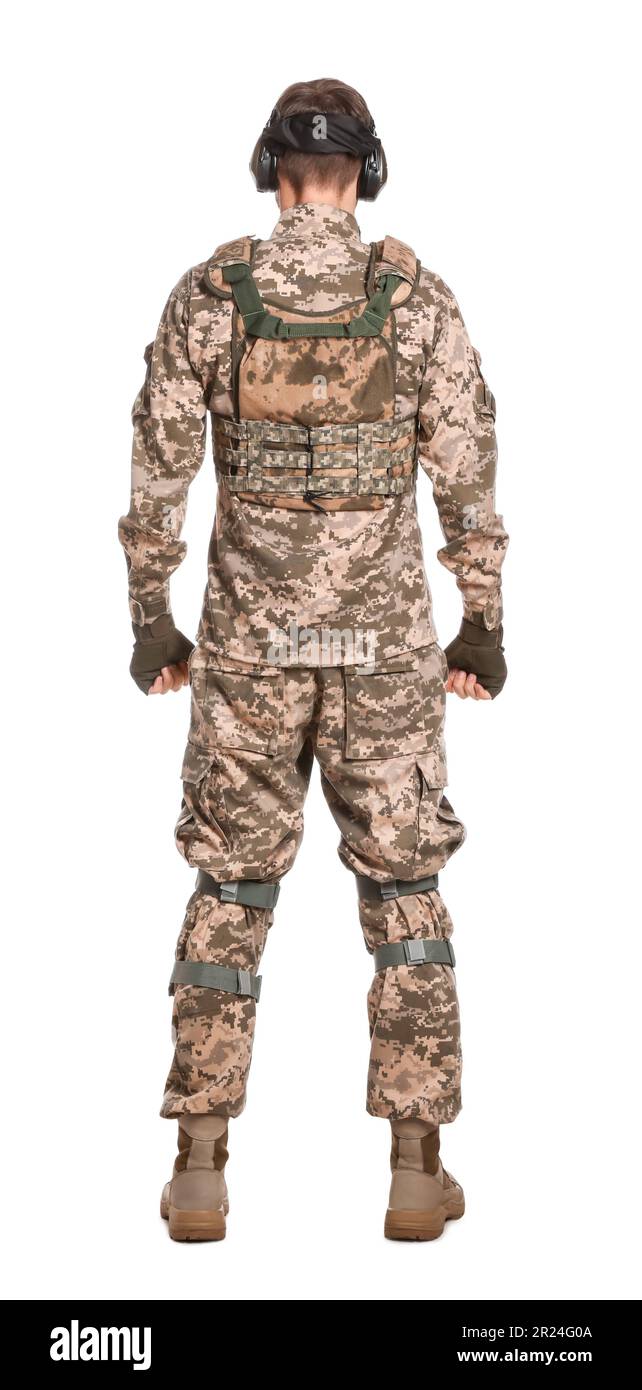 Soldier in Ukrainian military uniform and tactical headphones on white ...
