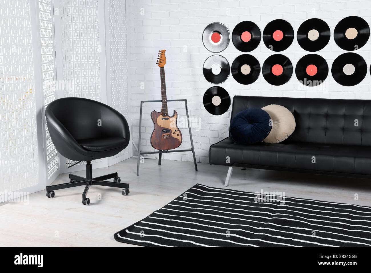 Living room decorated with vinyl records. Interior design Stock Photo ...