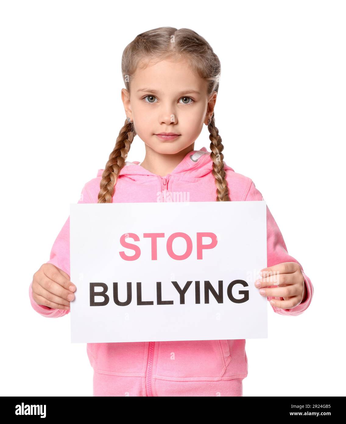 Girl holding sign with phrase Stop Bullying on white background Stock ...