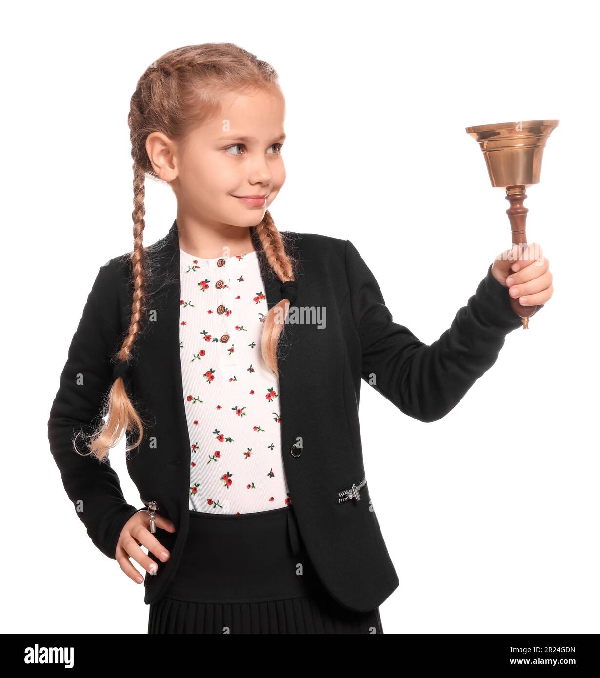 Pupil with school bell on white background Stock Photo - Alamy