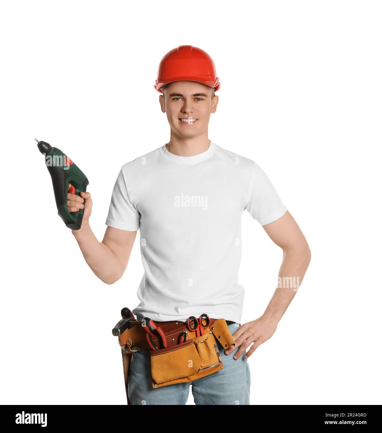 Handyman with tool belt and electric screwdriver isolated on white ...