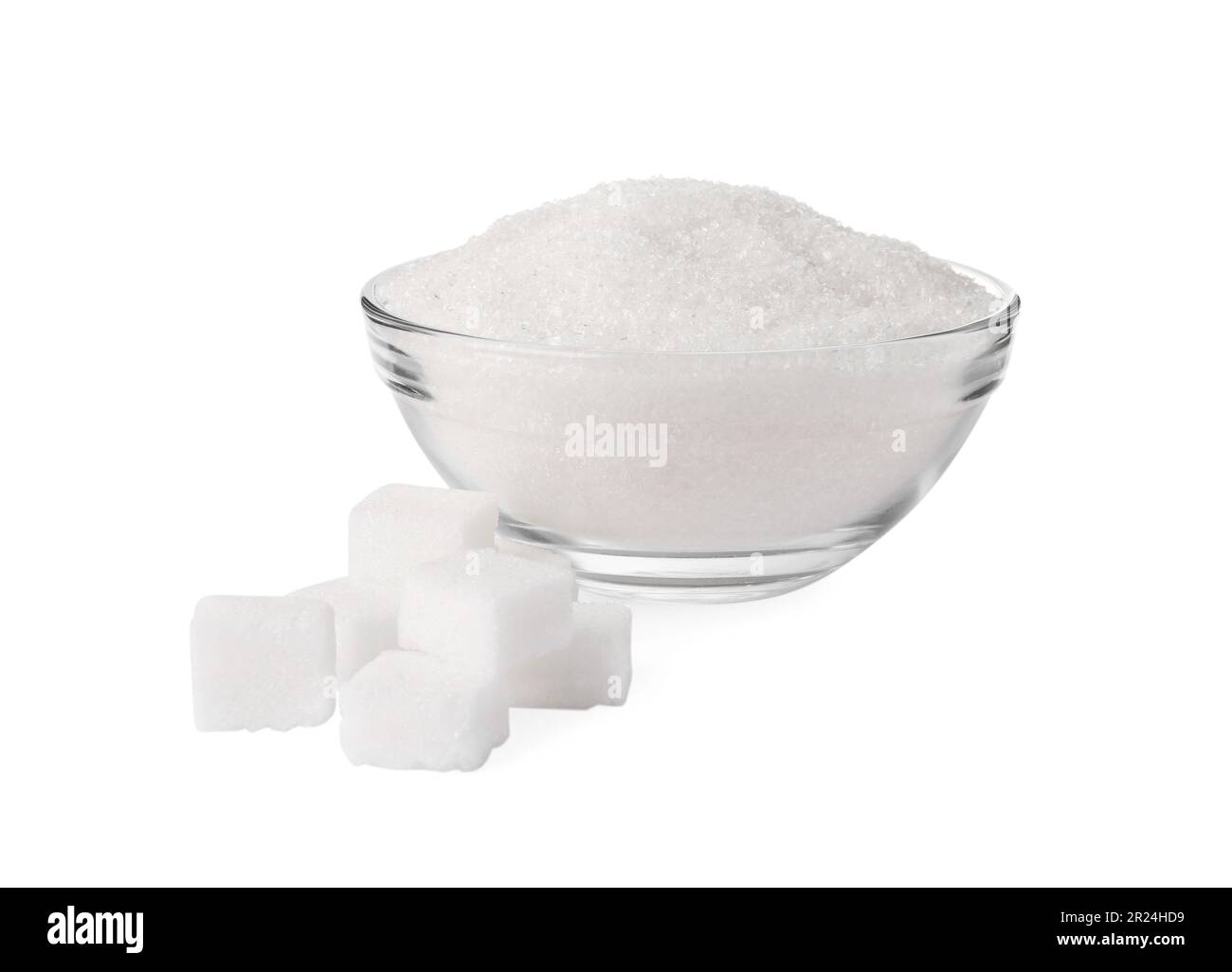 Granulated and cubed sugar with glass bowl on white background Stock ...