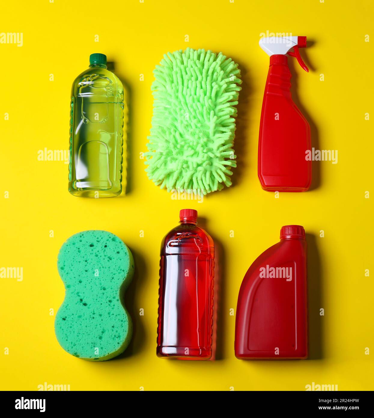 Different car products on yellow background, flat lay Stock Photo - Alamy