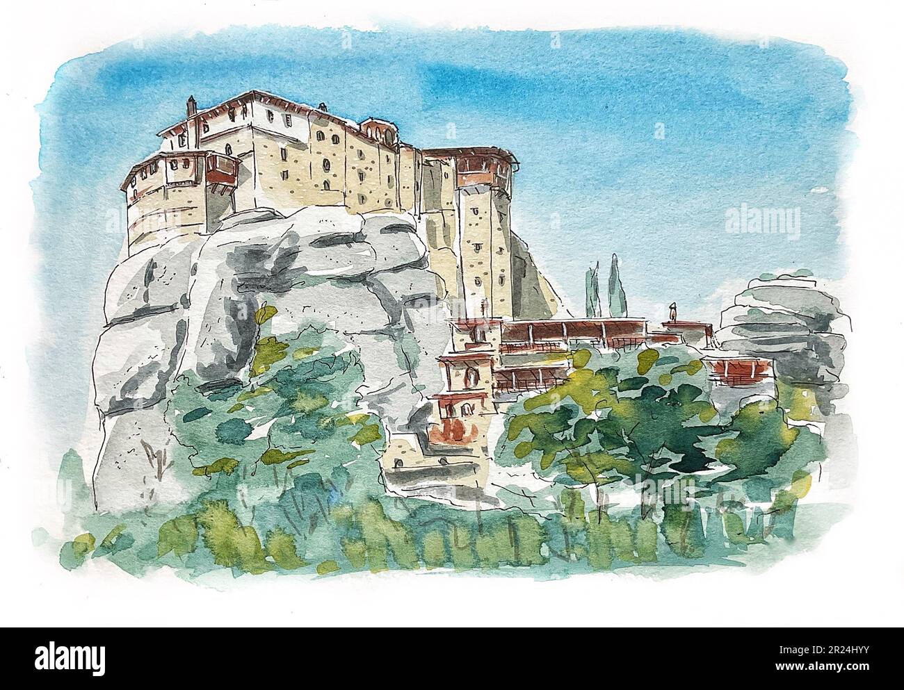 Beautiful watercolor illustration of the Meteoras in Greece Stock Photo ...