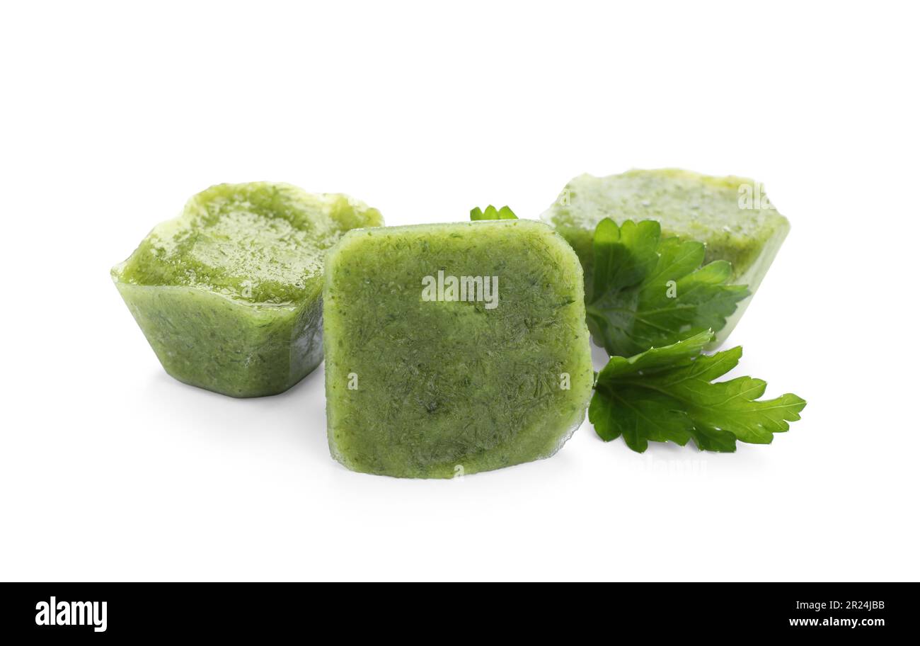 Frozen broccoli puree cubes and ingredient isolated on white Stock ...