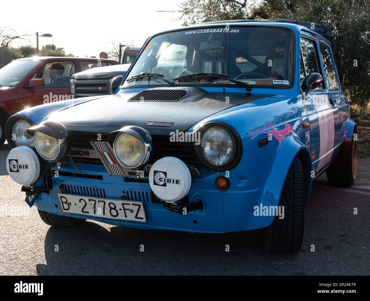 Detail of a small typical sports car in Spain, it is a blue Autobianchi ...