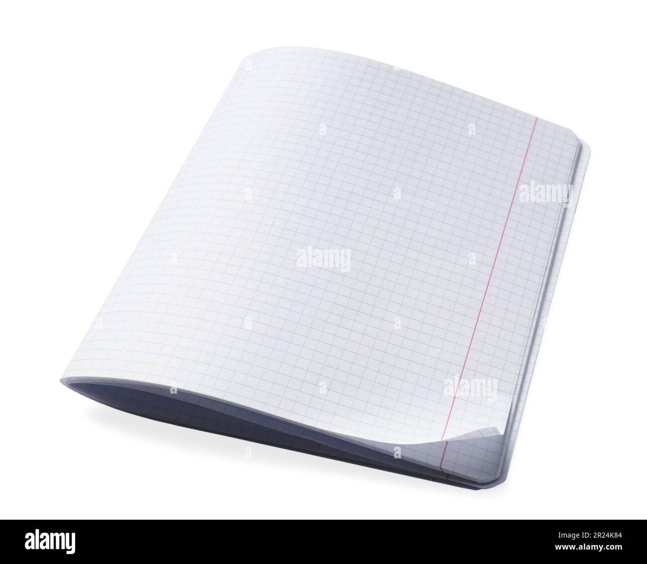 Folded copybook with checkered sheets of paper on white background ...