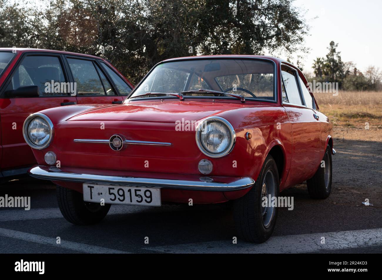 Detail of a typical small Spanish sports car, the red Seat 850 Coupe ...