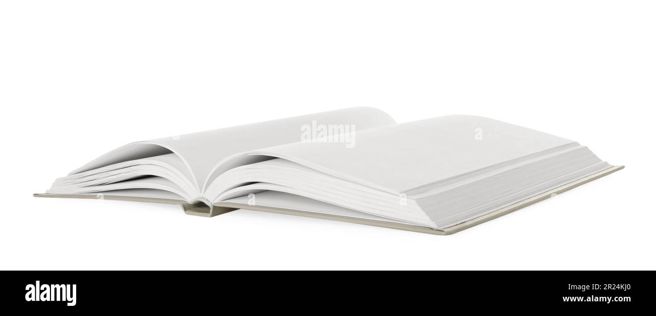 Open book with hard cover on white background Stock Photo - Alamy