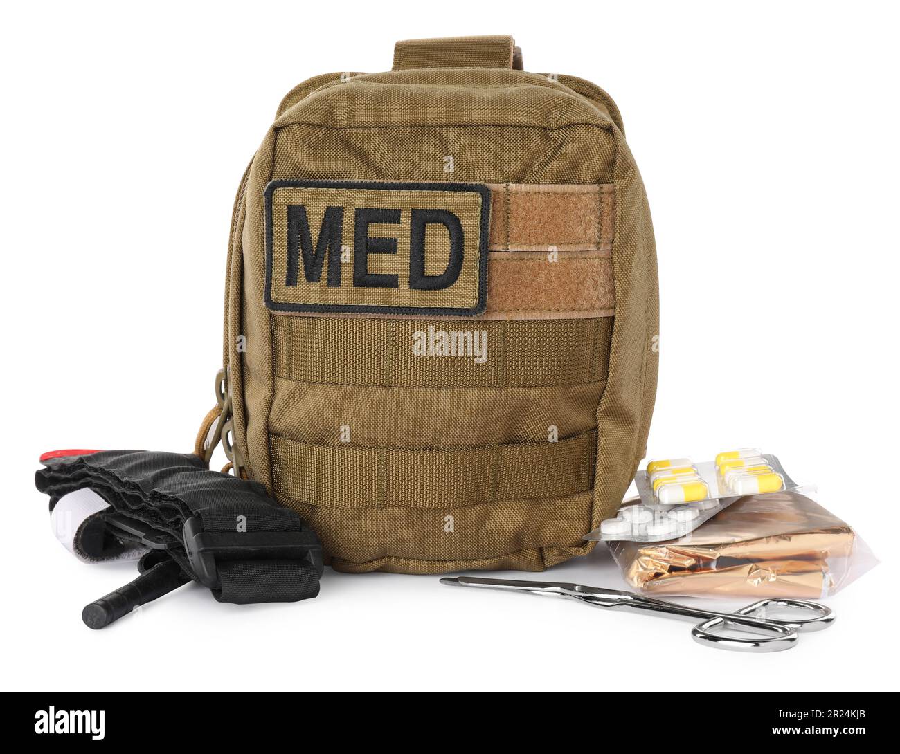 Military first aid kit with items isolated on white Stock Photo - Alamy