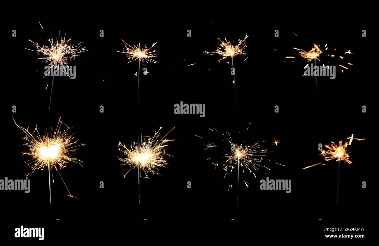 Collage with bright burning sparklers on black background Stock Photo ...