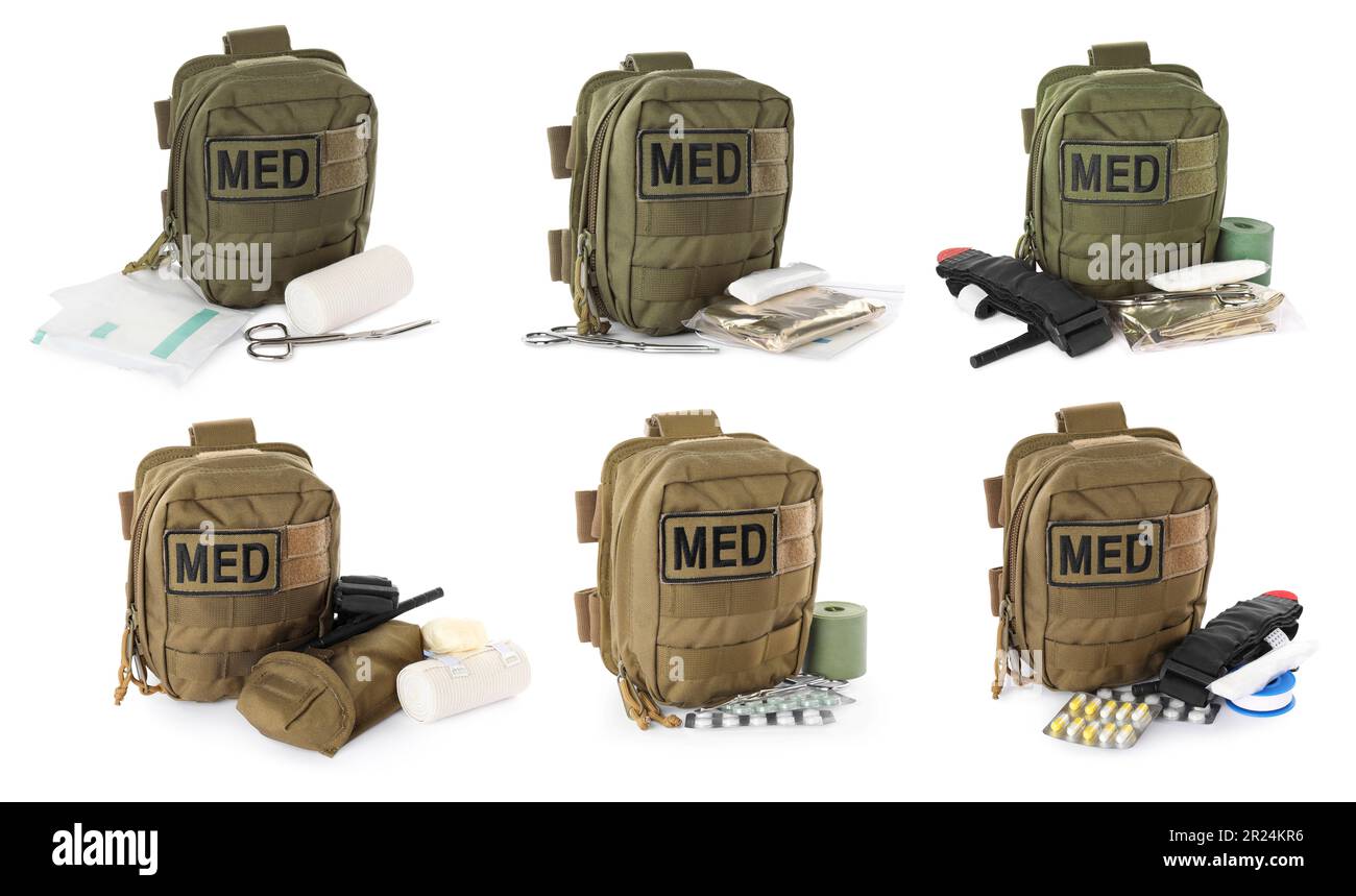 Collage with military first aid kit on white background Stock Photo - Alamy