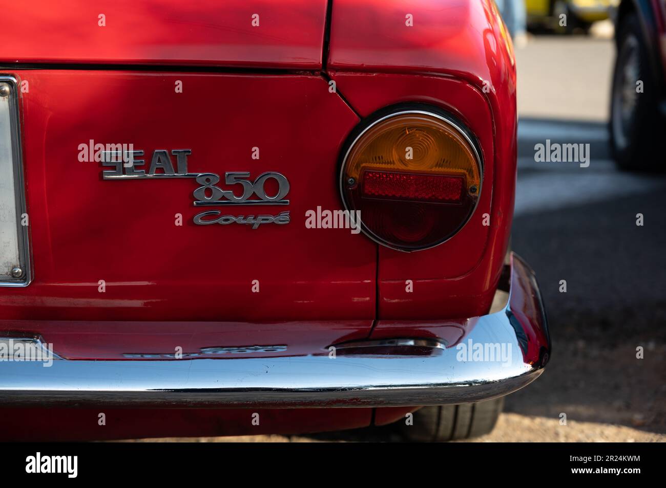 Detail of a typical small Spanish sports car, the red Seat 850 Coupe ...