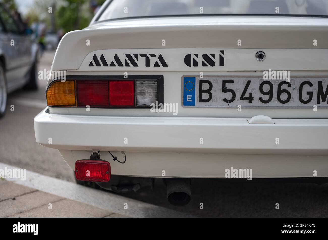 Rear view of a classic white Opel Manta GSI B2 parked in the street ...