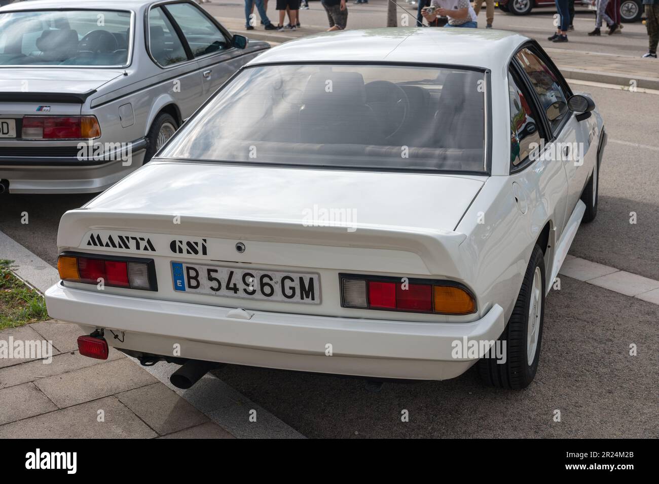 Rear view of a classic white Opel Manta GSI B2 parked in the street ...