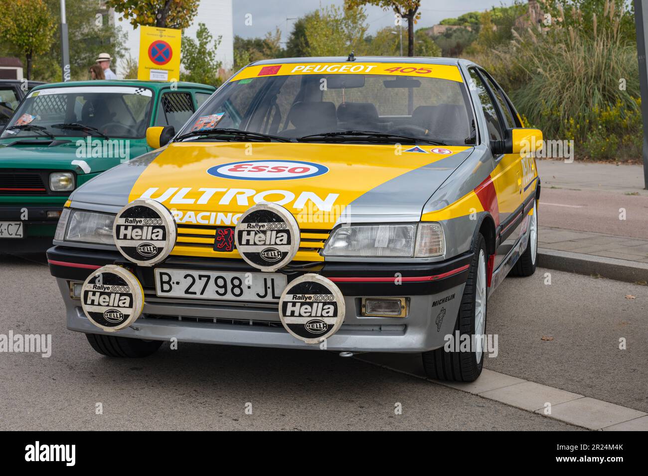 Detail of a classic Peugeot 405 tuned and full of racing stickers Stock ...