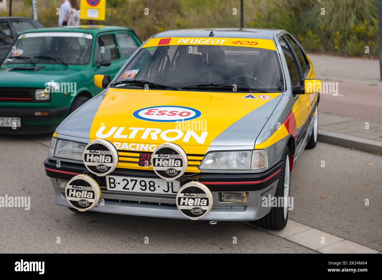 Detail of a classic Peugeot 405 tuned and full of racing stickers Stock ...