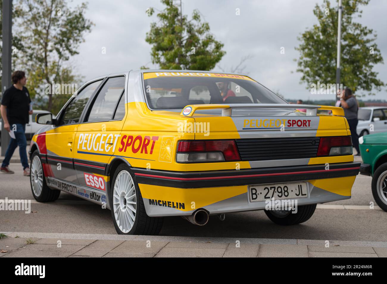 Detail of a classic Peugeot 405 tuned and full of racing stickers Stock Photo - Alamy