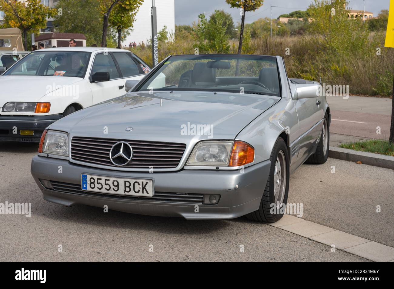 Front view of a classic luxury Mercedes Benz R129 300 SL convertible in ...