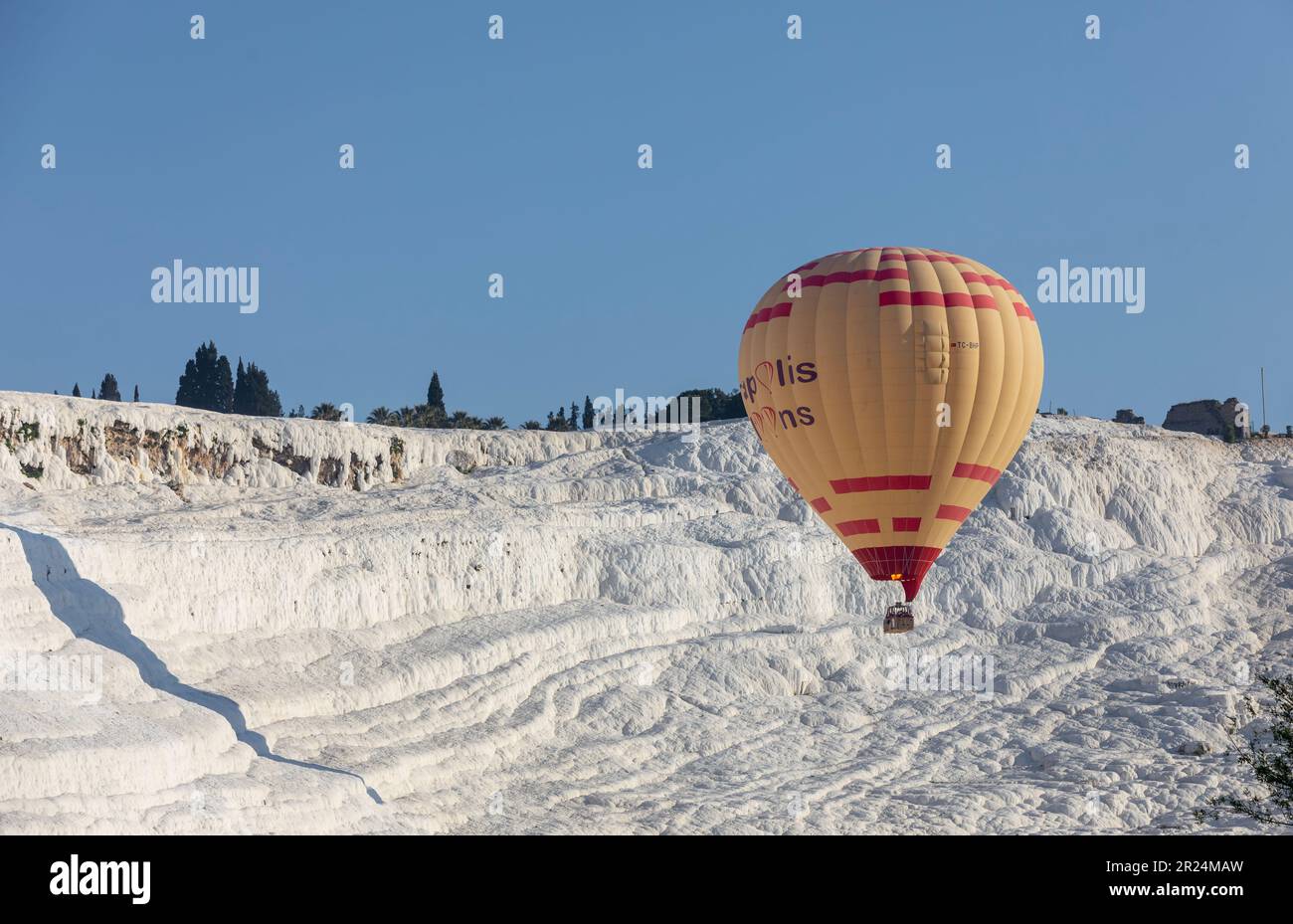 Denizli, Turkey, May 1, 2023: Hot air balloons and Natural travertine ...