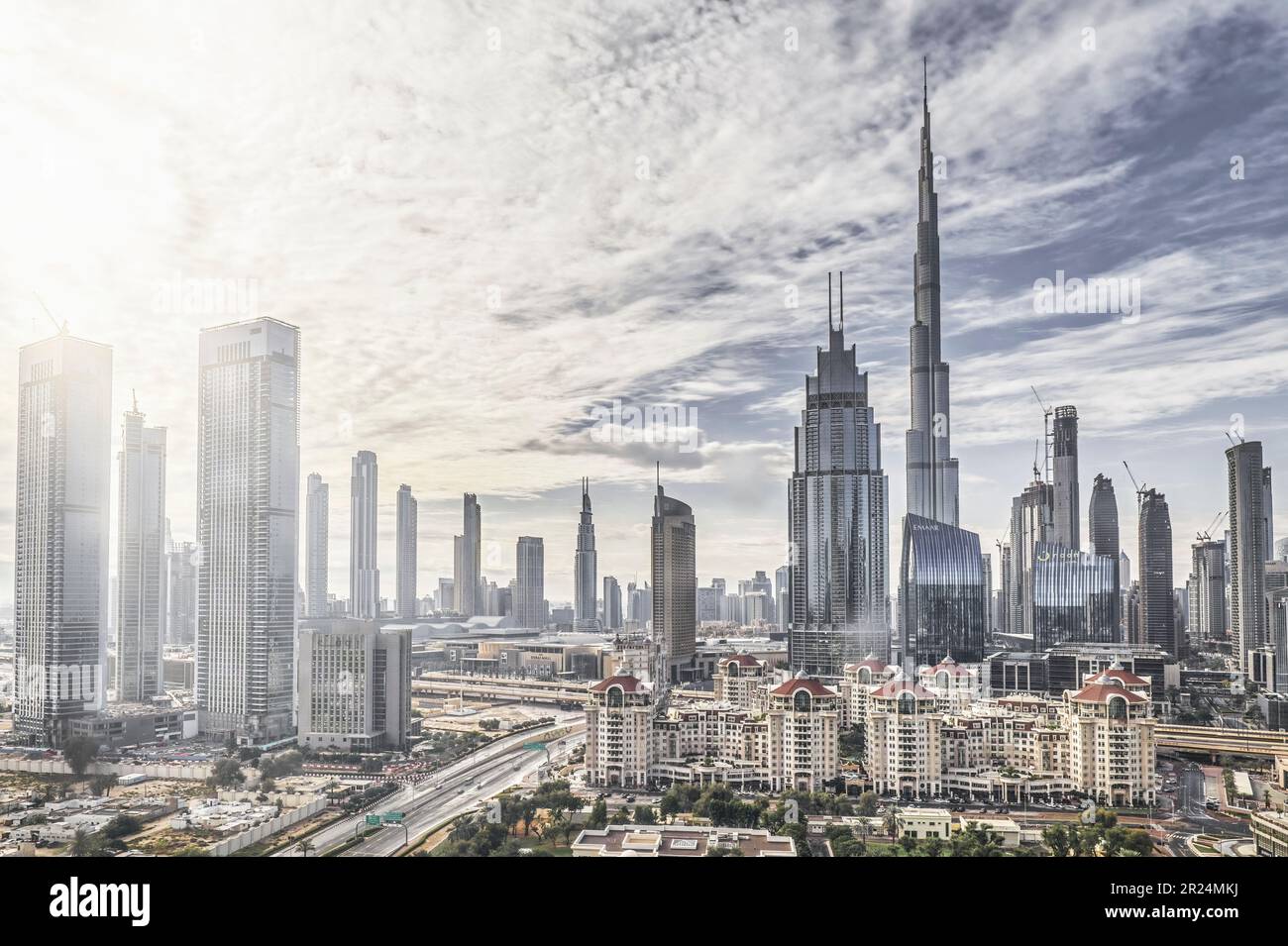 DUBAI, UAE - CIRCA 2022: High key panorama of down town Dubai modern ...
