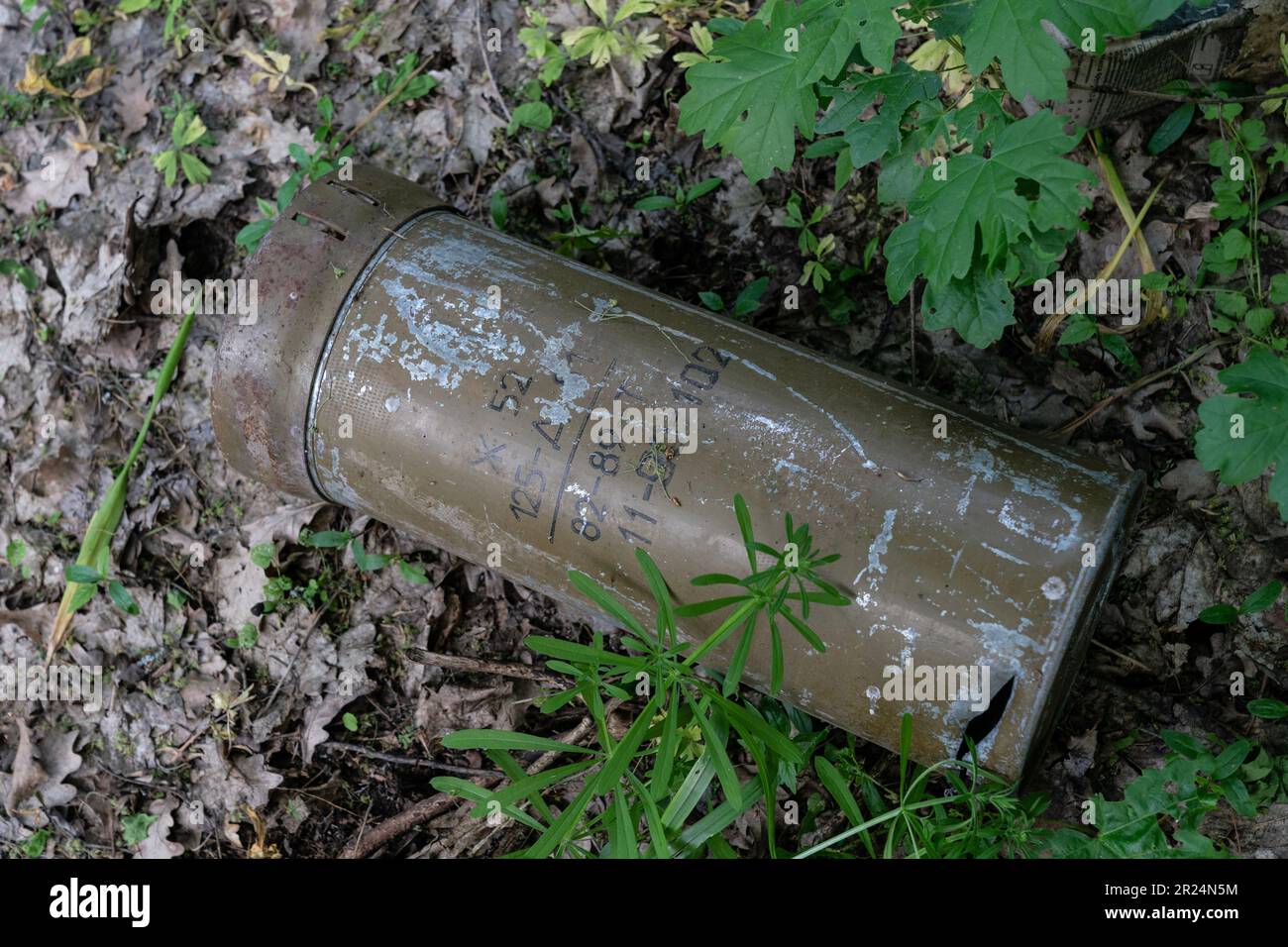 Tank shell left by Russian forces during occupation near village of ...